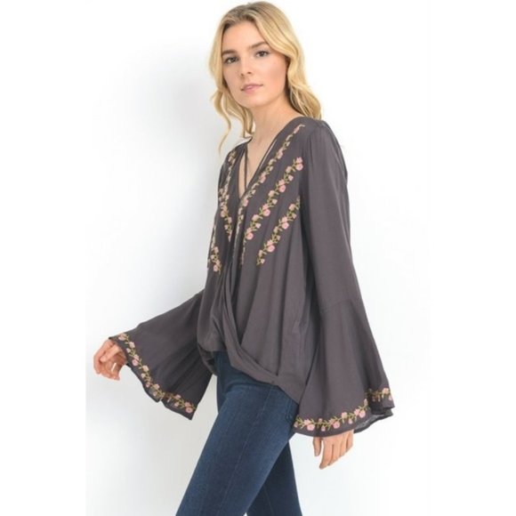 JODIFL | Tops | Jodifl Embroidered Plunge Neck Faux Wrap Top With Bell ...